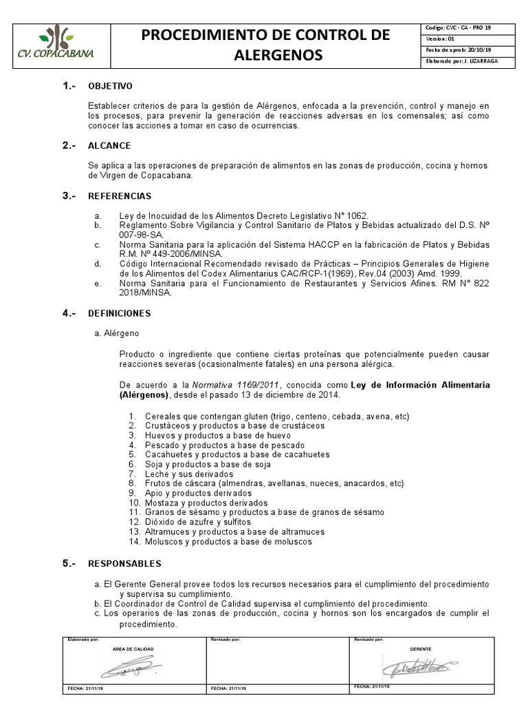 Control De Alergenos Pdf Alimentos Análisis De Riesgo Y Puntos