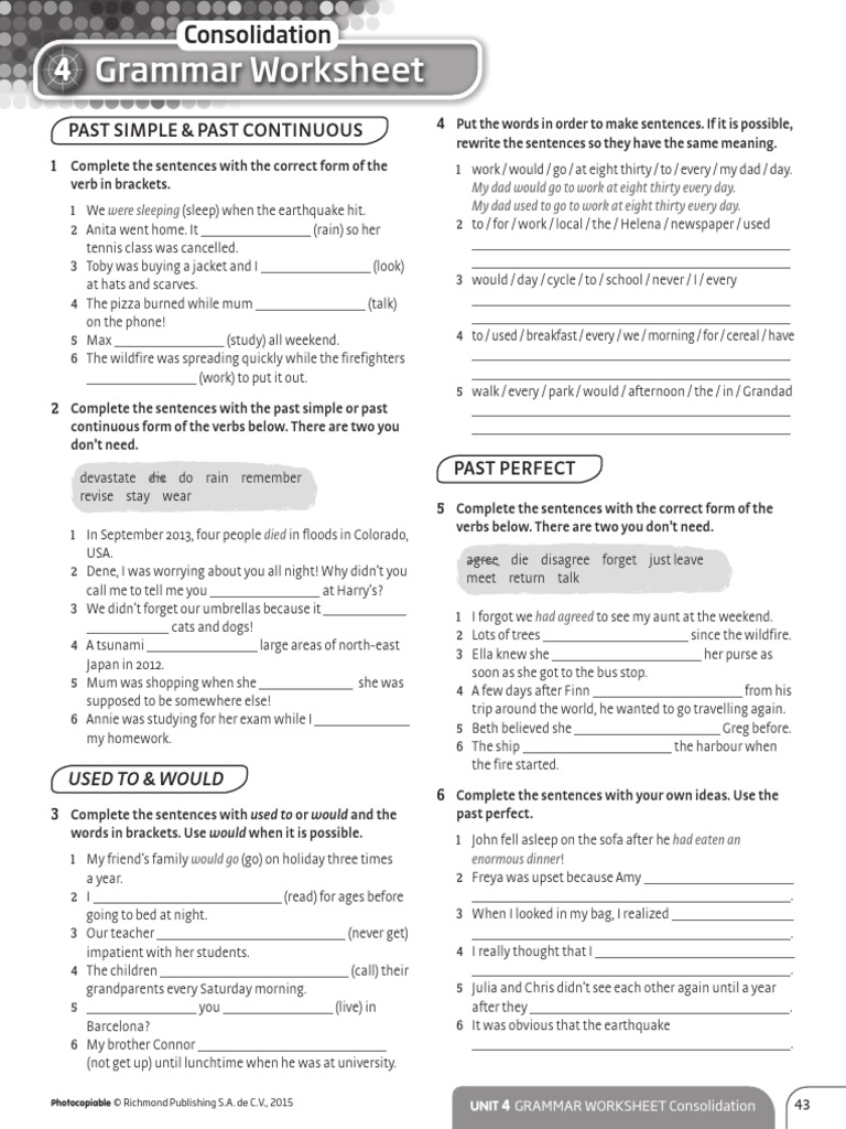 Achievers B1+ Grammar Worksheet Consolidation Unit 4 | PDF