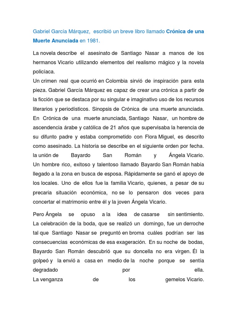 Cronicas de Una Muerte Anunciada Gabriel García Márquez | PDF Cronicas de Una Muerte Anunciada Gabriel García Márquez | PDF