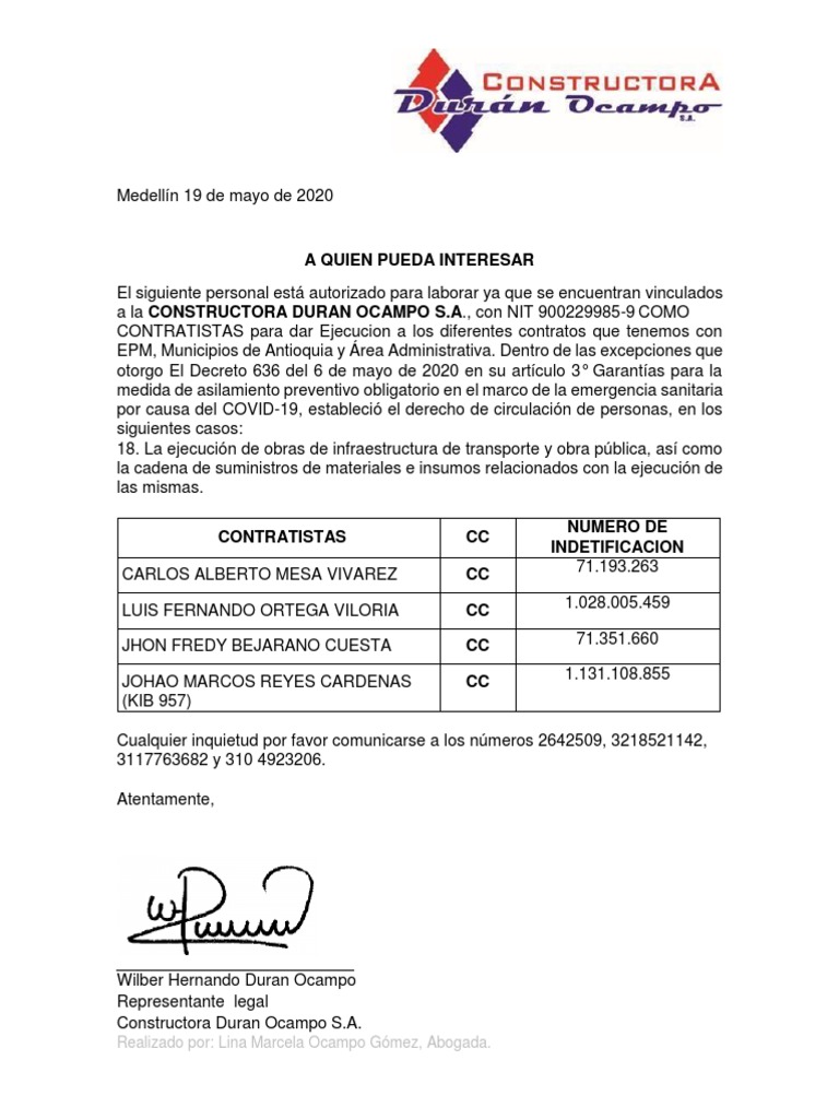 Autorizacion de Desplazamiento General para Contratistas | PDF
