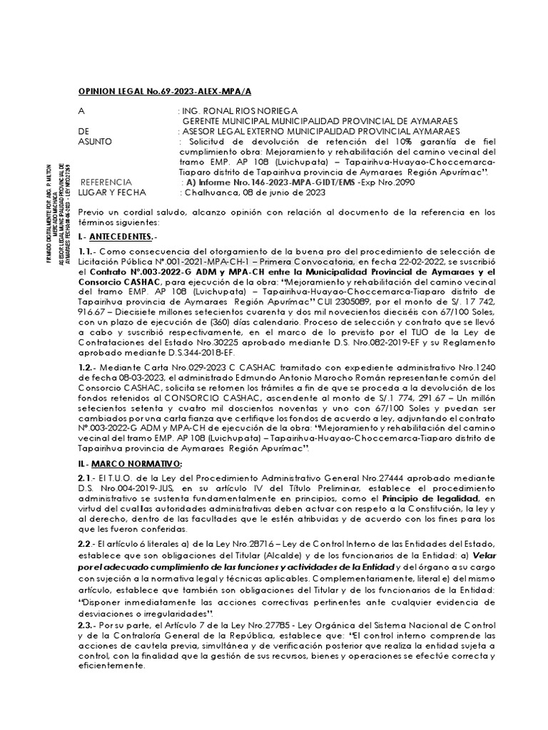 Nro.69-2023 - ALEX-MPA - Opinion Sustitucion Retención 10% Por Carta ... Nro.69-2023 - ALEX-MPA - Opinion Sustitucion Retención 10% Por Carta ...