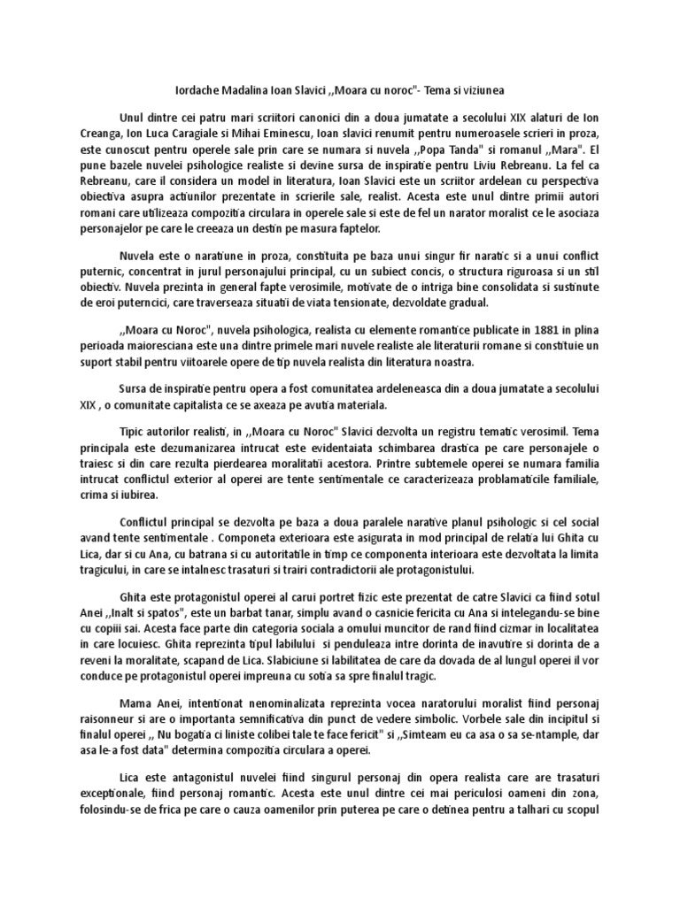 Moara Cu Noroc-Tema Si Vizunea | PDF