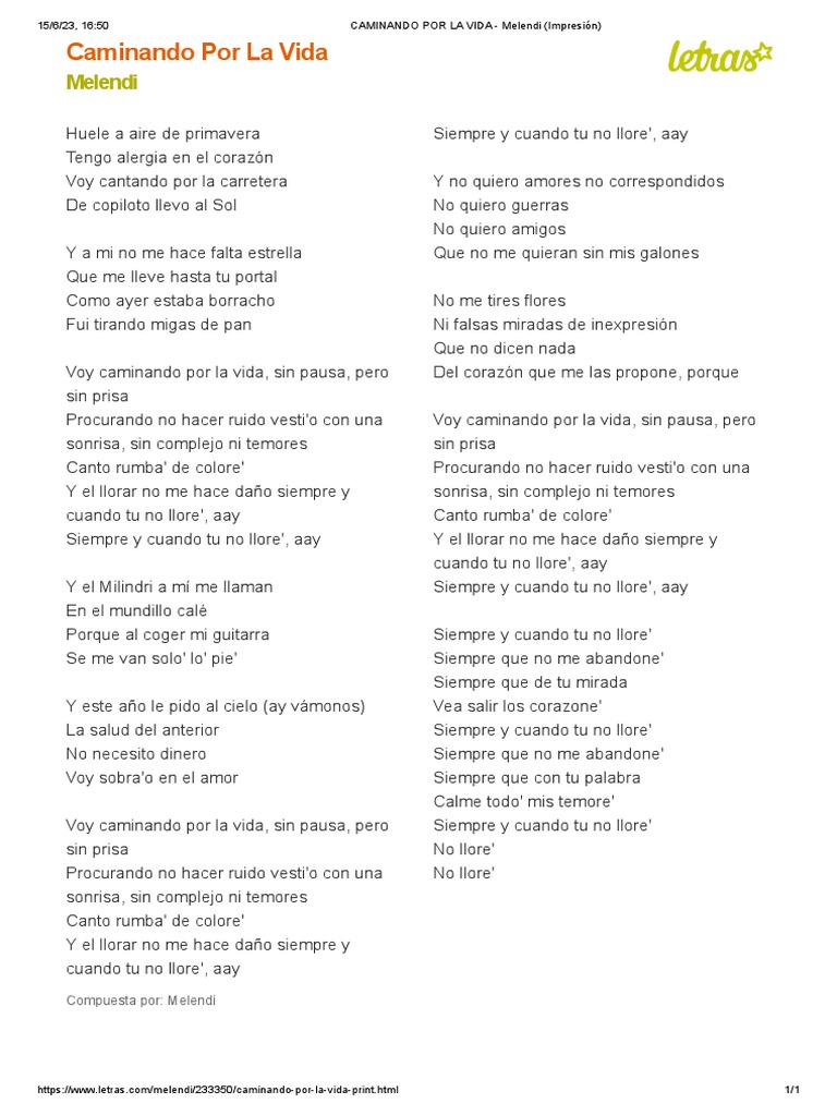 Letra de "Caminando por la Vida" | PDF