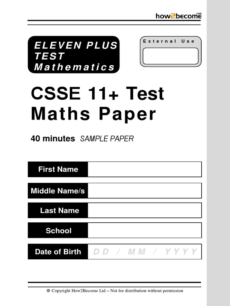 CSSE Eleven Plus Maths Practice Paper (Questions) | PDF