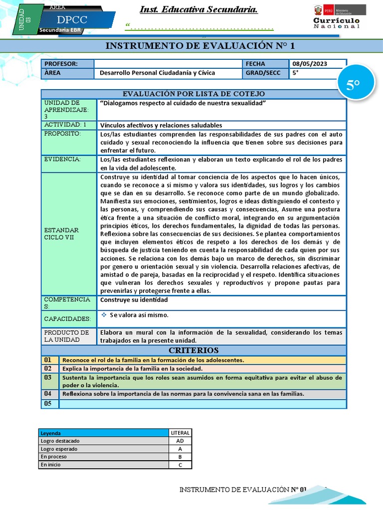 5º DPCC - LC Act.1 Uni 3 - Sem 01 | PDF | Evaluación | Sexualidad