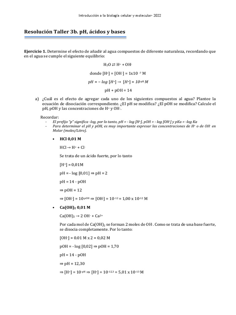Respuestas Taller 3b - PH Ácidos Bases - 2022 | PDF