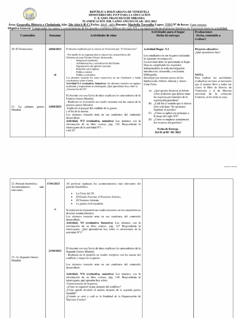 GHC .2DO. PLANIFICADOR - III LAPSO 2023 2DO. AÑO. GFM. (2) Listo | PDF