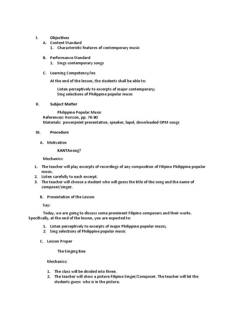 Lesson Plan in Music 10 Q3 | PDF | Composers | Teachers