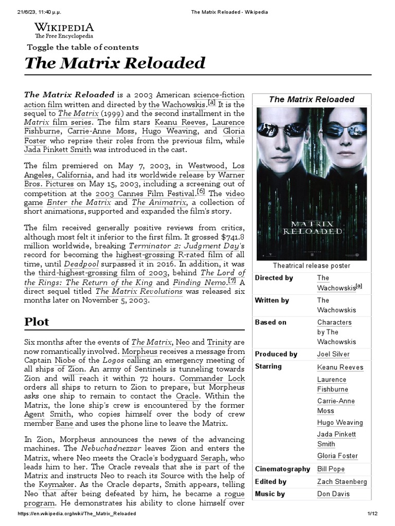 The Matrix Reloaded - Wikipedia | PDF