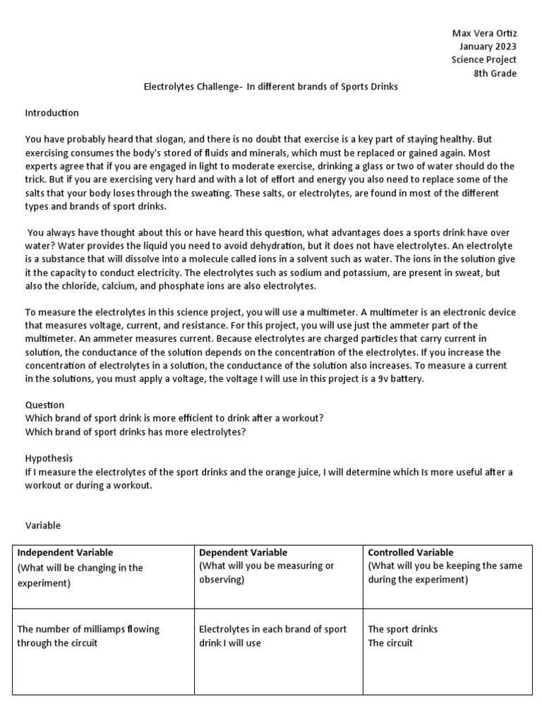 Electrolyte Challenge- In differents brands of sport drinks SCIENCE ...