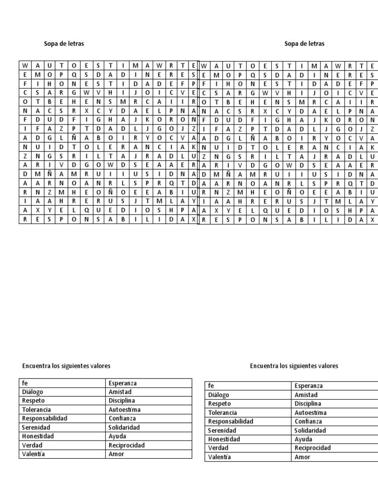 Sopa de Letra Valores | PDF