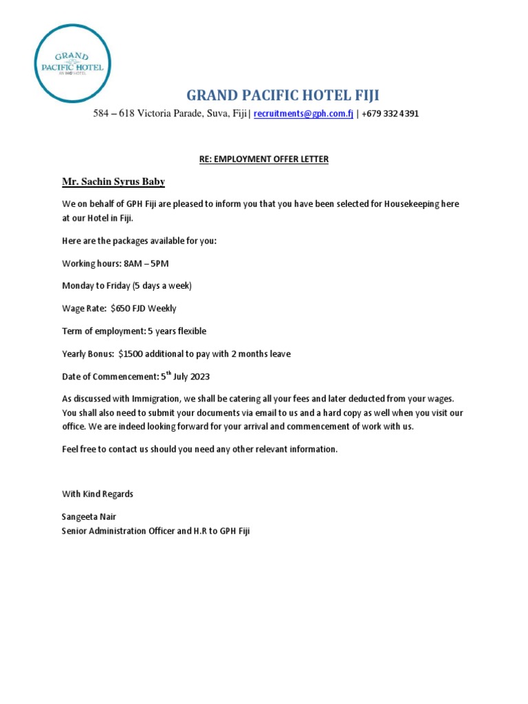 Employment Offer: Housekeeping at GPH Fiji | PDF