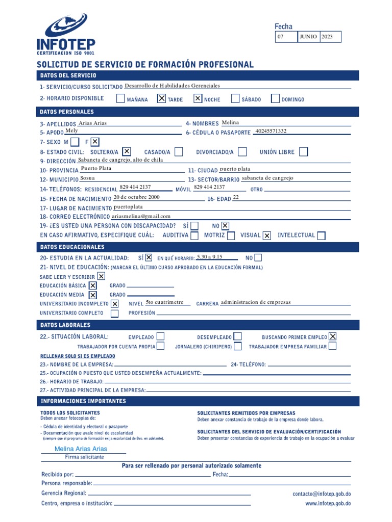 INFOTEP - Formulario de Servicio | PDF