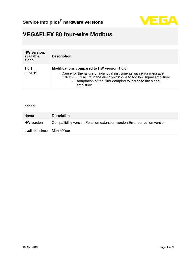 VEGAFLEX 80 4L Modbus Hardware Versionshistorie 190513 en SW0689 | PDF