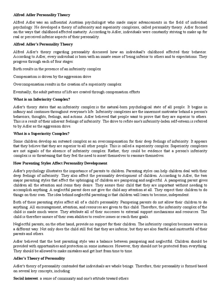 Alfred Adler Personality Theory | PDF