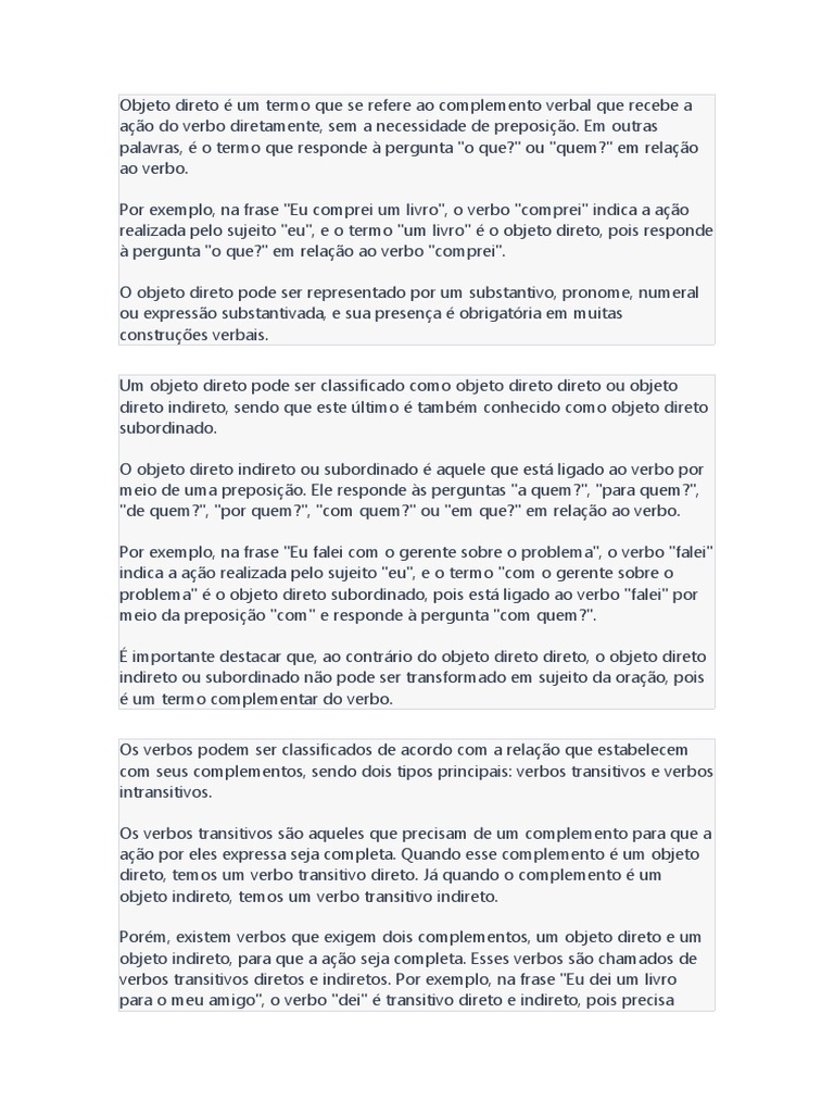 Objeto Direto e Transitividade | PDF | Objeto (gramática) | Assunto ...