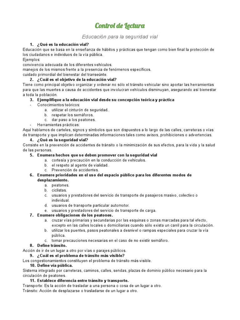 Control de Lectura Educación para La Seguridad Vial | PDF | Peatonal ...