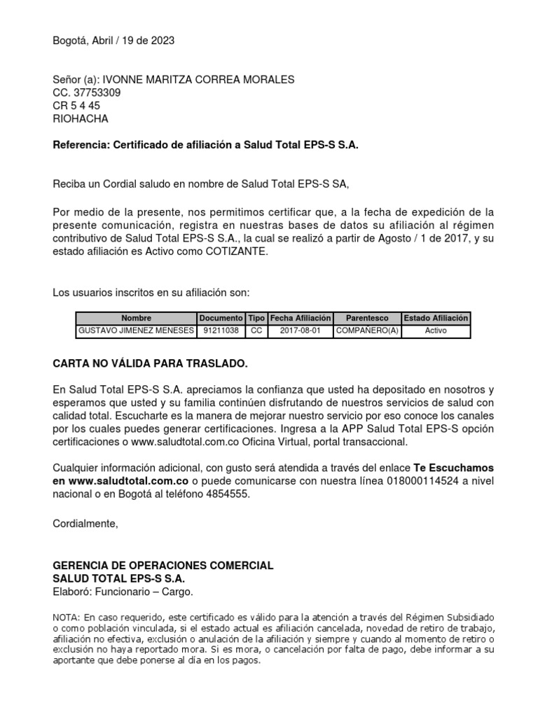 Referencia: Certificado de Afiliación A Salud Total EPS-S S.A | PDF ...