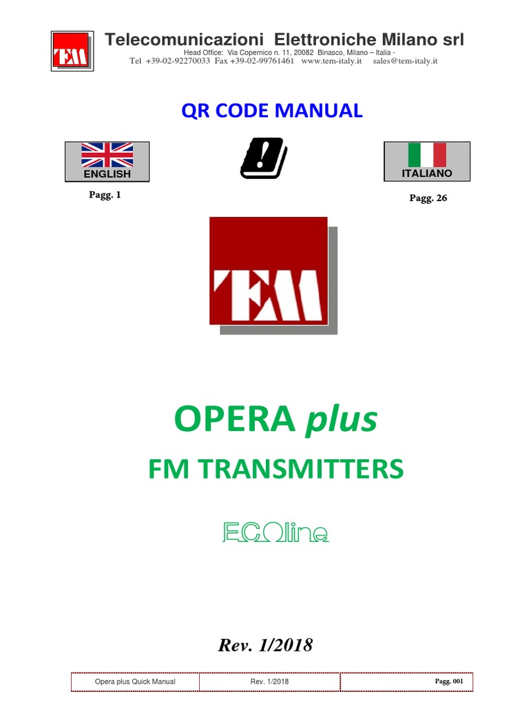 OPERA PLUS QR CODE Manual Rev1 2018 ENG-ITA + RED 2019 | PDF | Printed ...