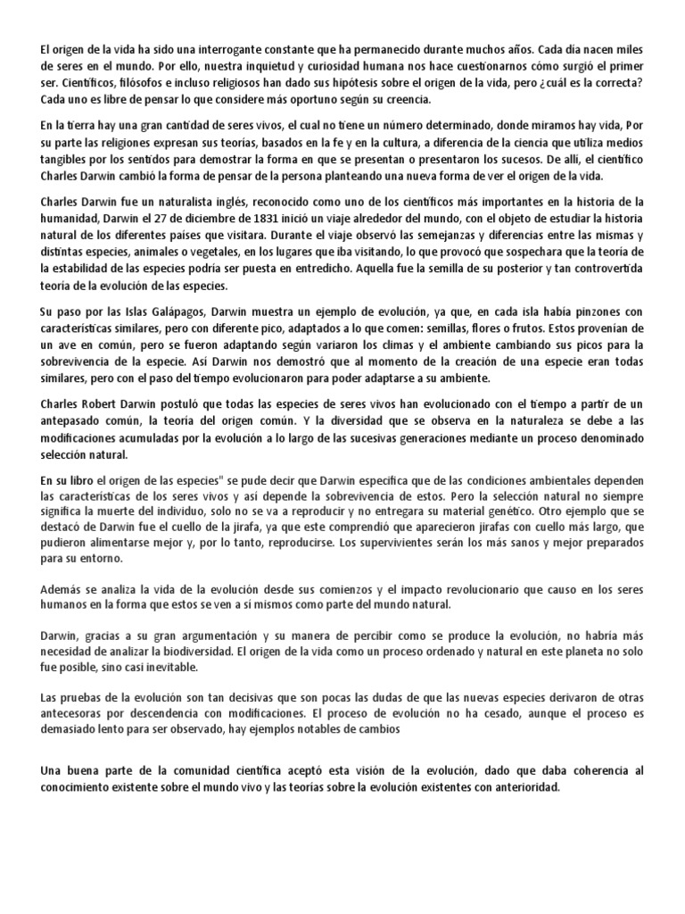 Ensayo Origen de La Vida | PDF | Evolución | Charles Darwin Ensayo Origen de La Vida | PDF | Evolución | Charles Darwin