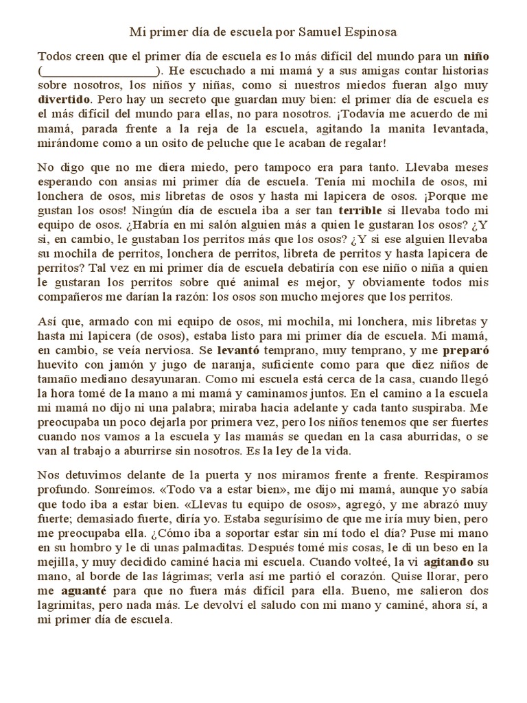 03-04-23 Lectura Comprensiva Mi Primer Día de Escuela Por Samuel ...