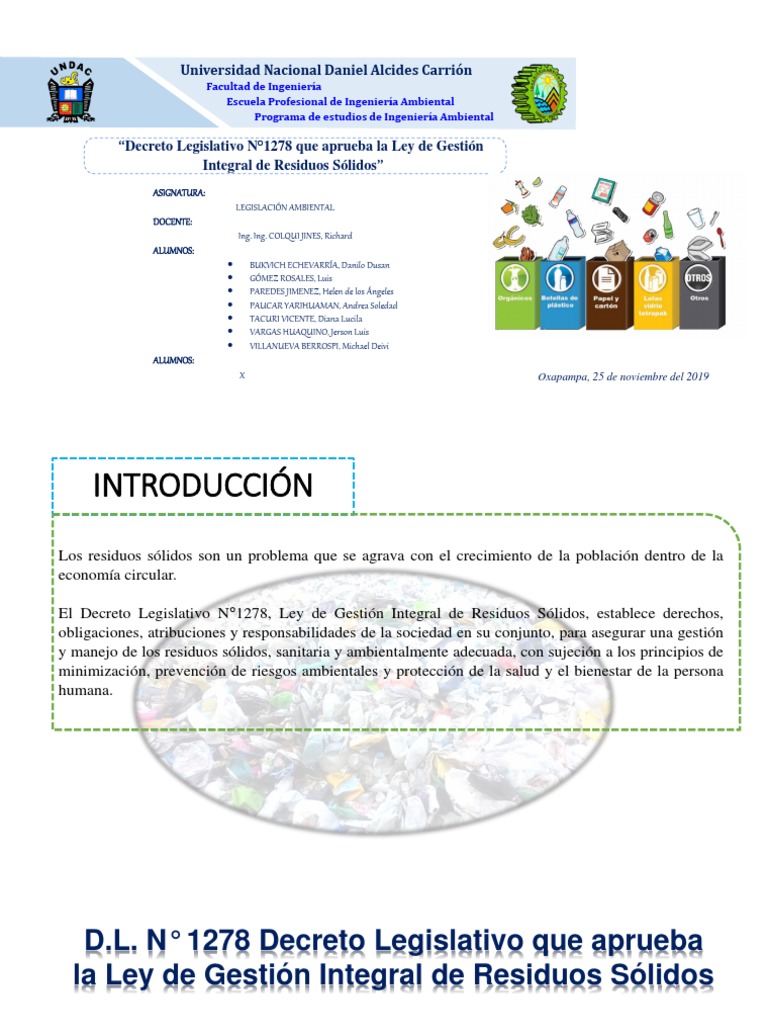 Decreto Legislativo N°1278 Que Aprueba La Ley de Gestión Integral de Residuos Sólidos | PDF ...