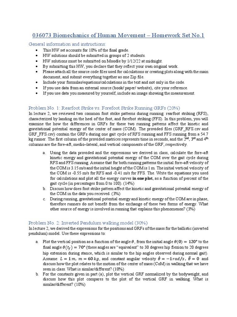 Biomechanics of Human Movement - Homework Set No.1: General Information ...