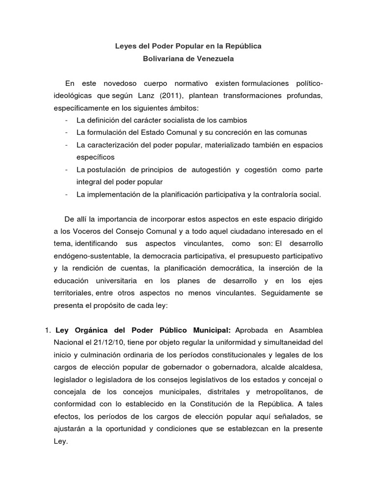 Leyes del Poder Popular en la República Bolivariana de Venezuela | PDF ...