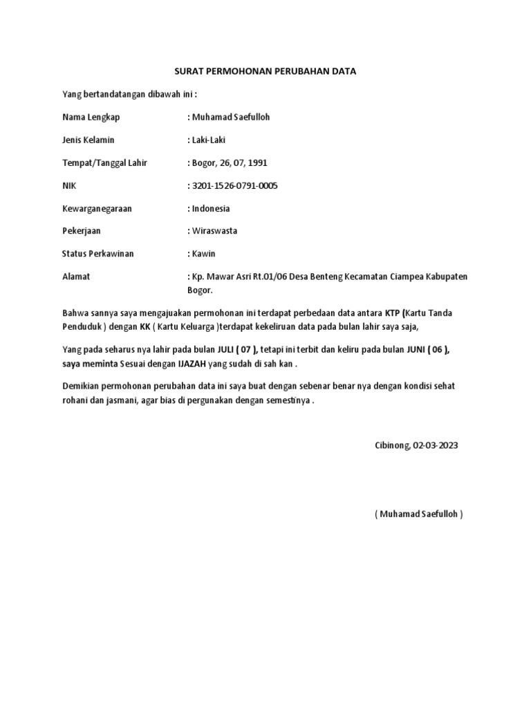 Surat Permohonan Perubahan Data | PDF