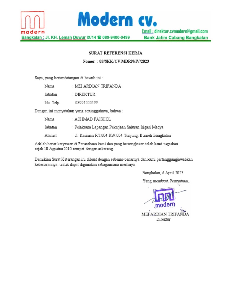 Surat Reff Kerja Faisol Irigasi | PDF
