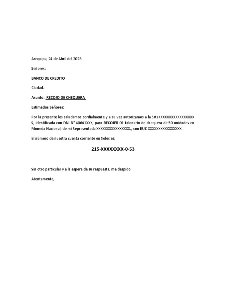 Carta-Solicitud de Chequera | PDF