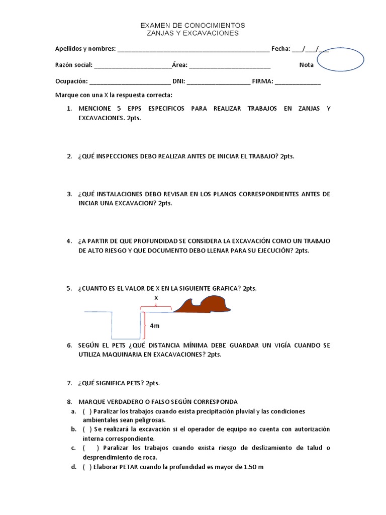 Examen - ZANJAS Y EXCAVACIONES | PDF