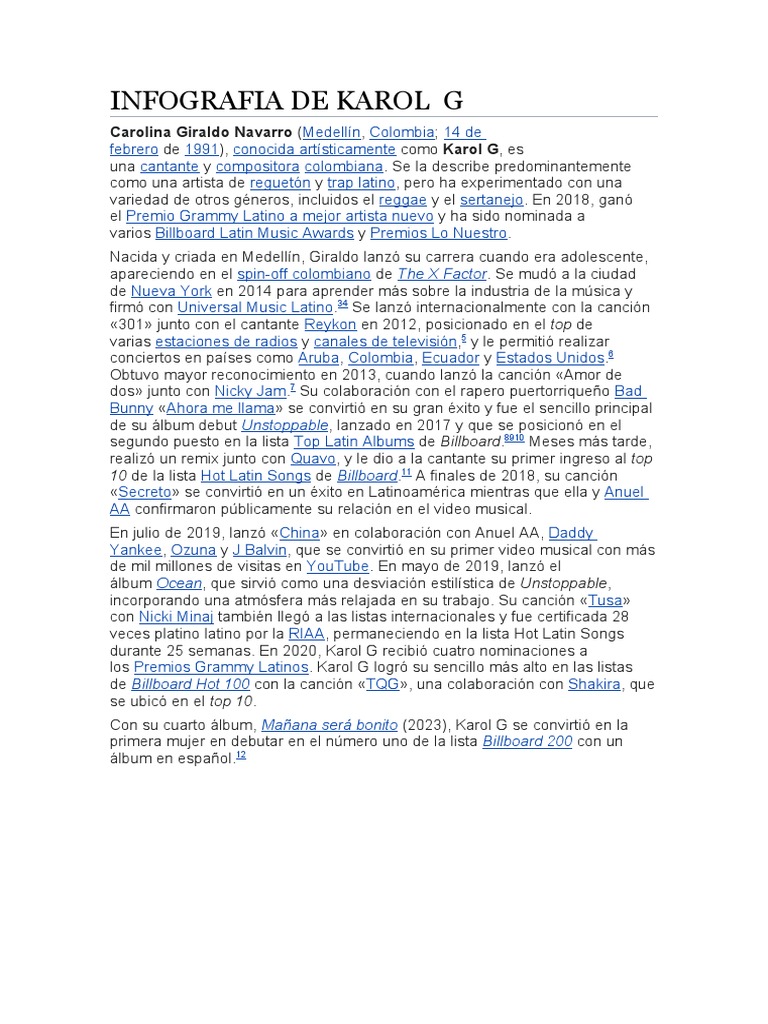 Infografia de Karol G | Descargar gratis PDF | Musica en español ...