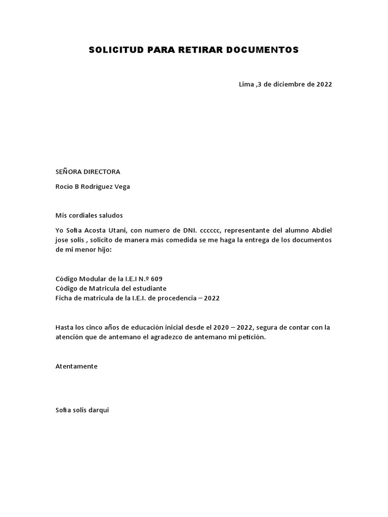 Solicitud Para Retirar Documentos | PDF