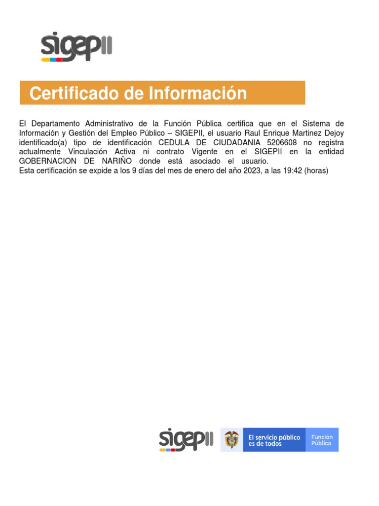 Certificado de Información Actual SIGEP-09012023 | PDF