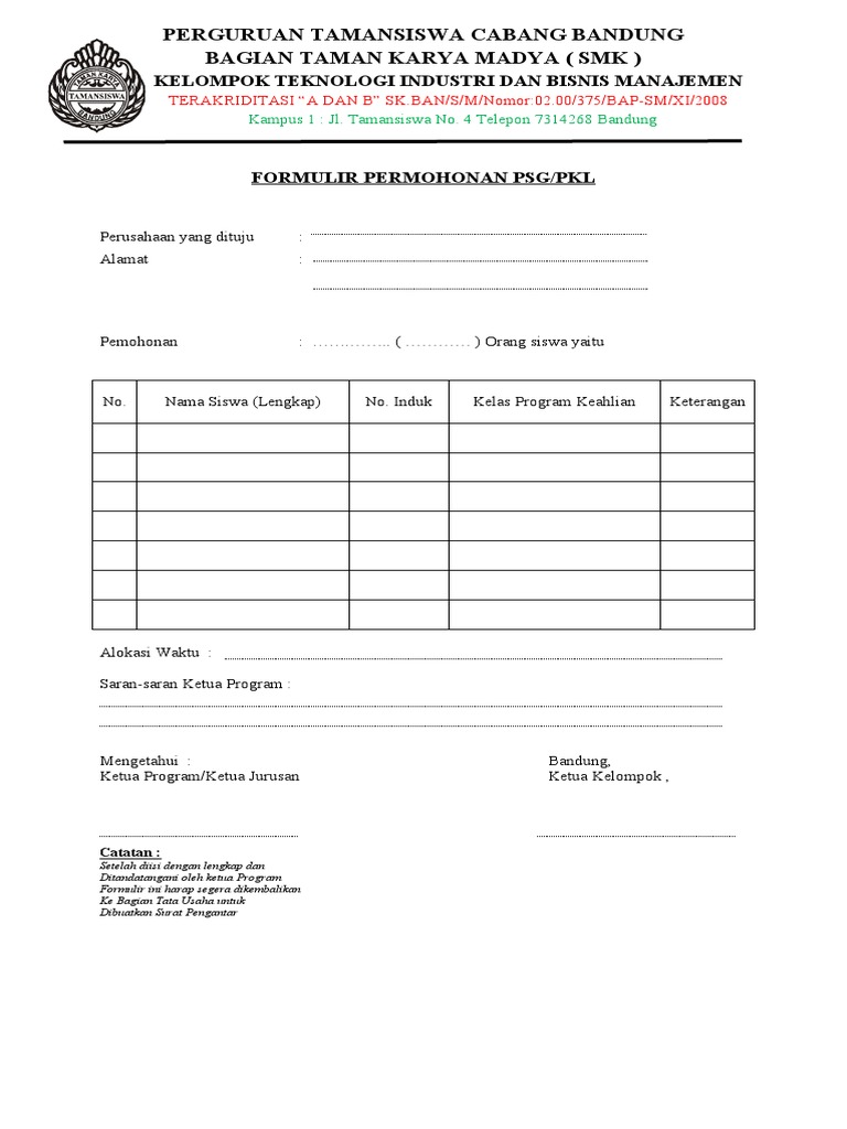 Formulir PSG/PKL SMK Tamansiswa Bandung | PDF