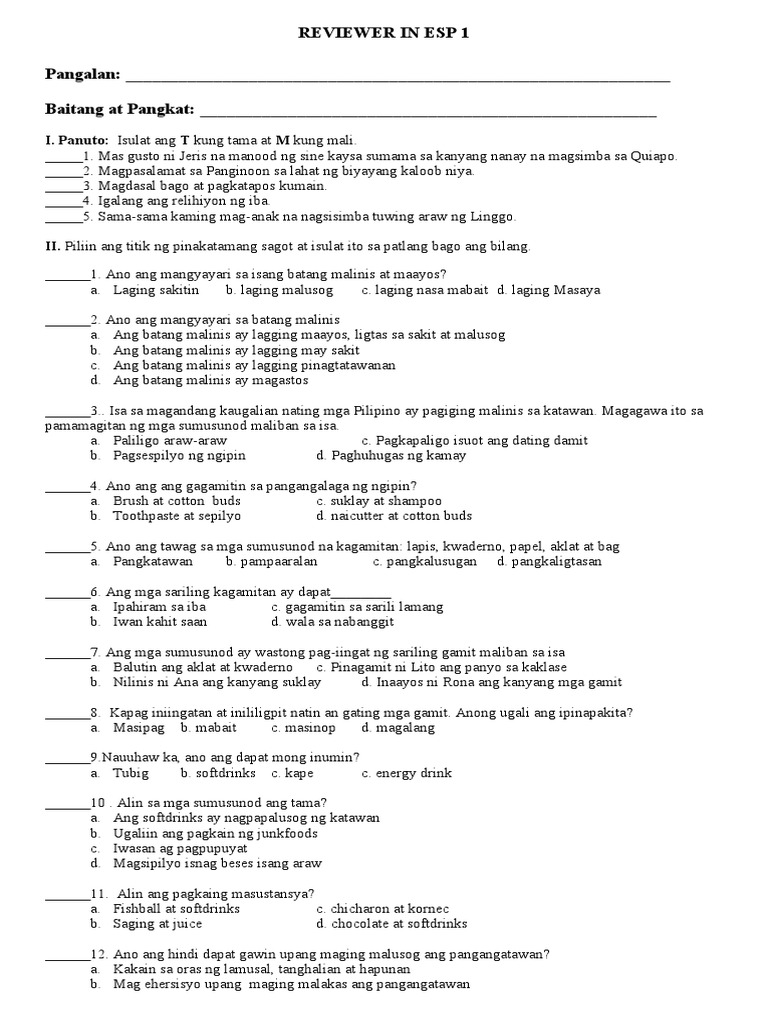 Reviewer in Esp 1 Pangalan: - Baitang at Pangkat | PDF