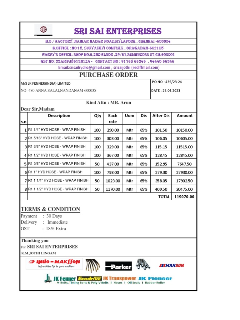 Baili Hose Purchase Order Summary | PDF