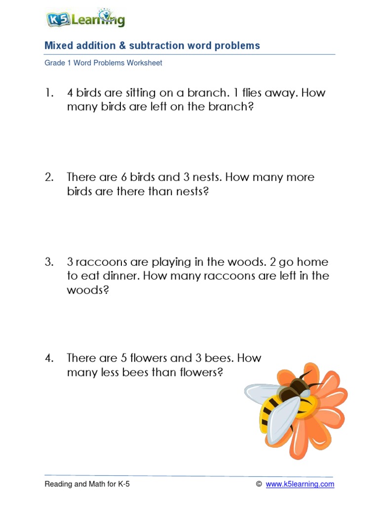 Addition And Subtraction Word Problems Worksheets Grade 1 Add Or