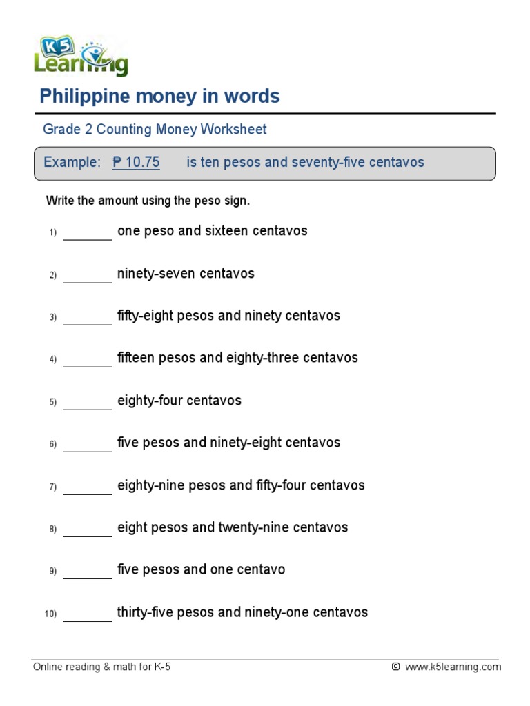 Grade 2 Filipino Money in Words D | PDF