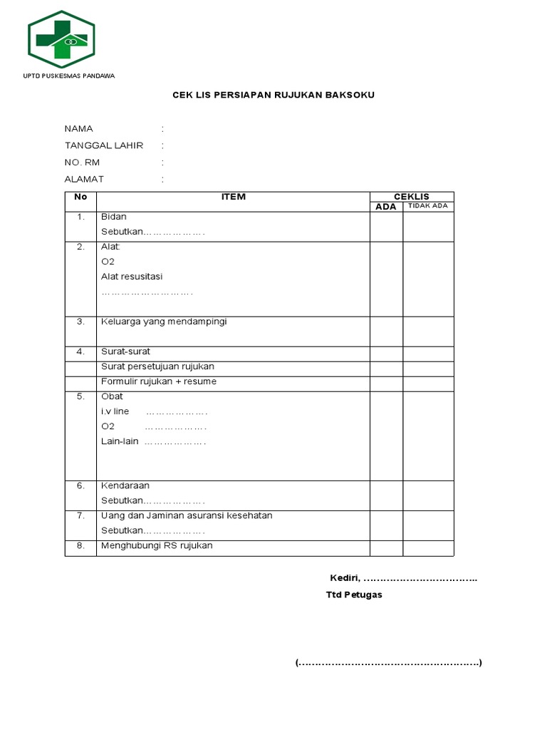 contoh ceklis pra rujukan baksoku | PDF
