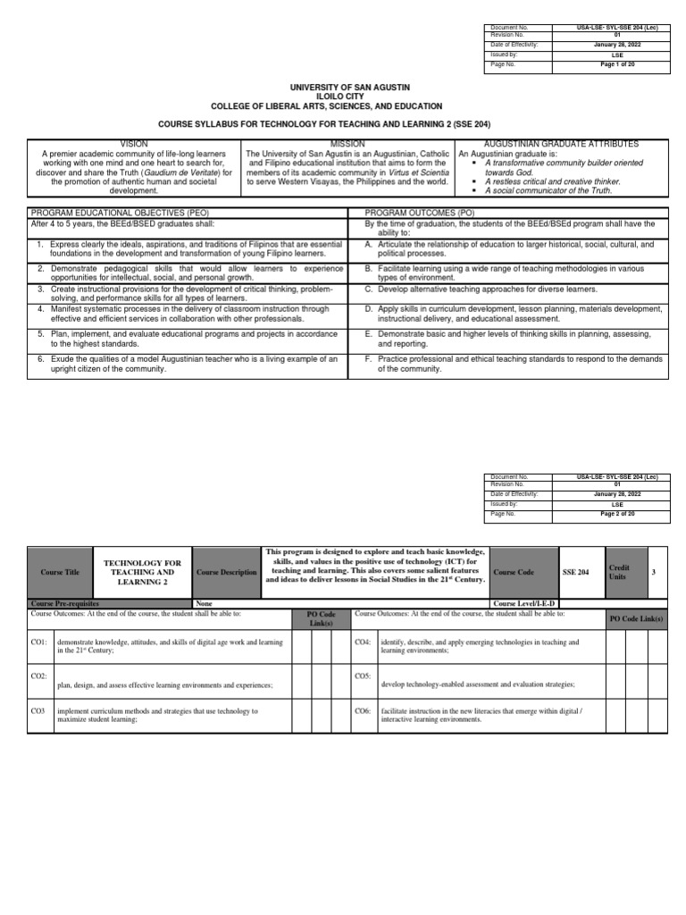 Technology in Teaching: SSE 204 Syllabus | PDF | Educational Technology ...