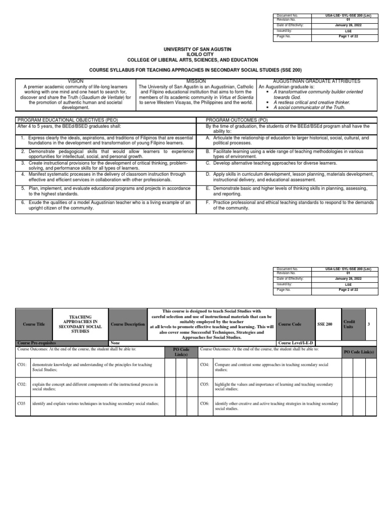 Sse 200 - Teaching Approaches in Secondary Social Studies Syllabus ...