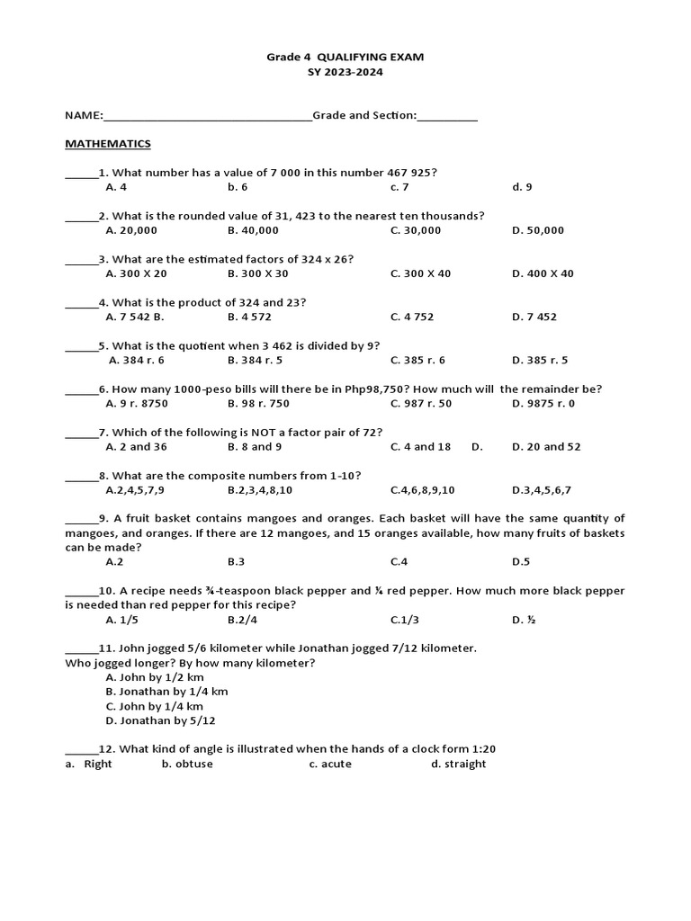 Grade 4-Qualifying Test | PDF | Blood | Oxygen
