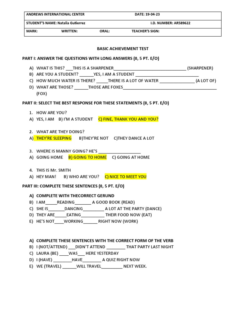 Basic Achievement Test for ESL Students | PDF | Verb | Adjective