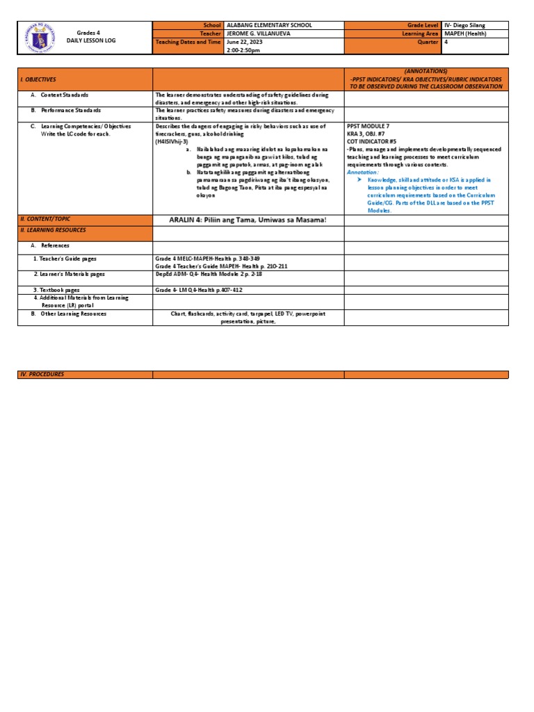 DLP - Jhe - Q4 - Mapeh (Health) | PDF | Curriculum | Learning