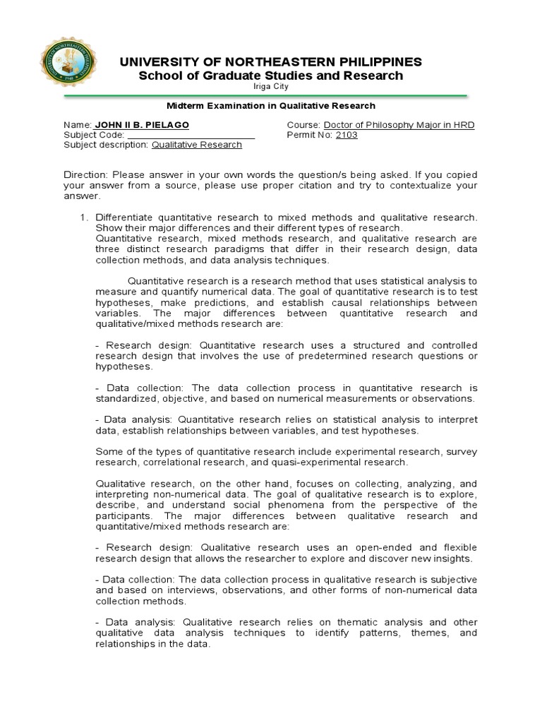 Midterm Examination in Qualitative Research | PDF | Qualitative Research | Quantitative Research