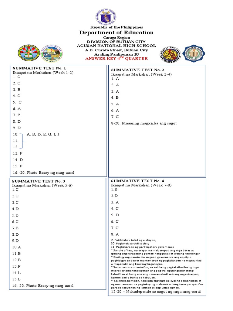 Answer Key 4th Quarter | PDF