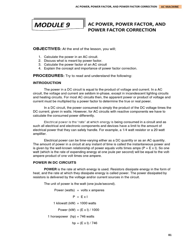 Module 9 - Ac Power, Power Factor, and Power Factor Correction | PDF