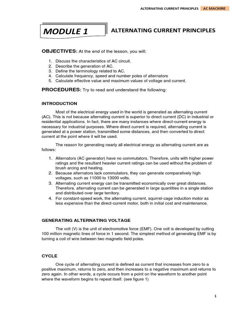 Module 1 - Alternating Current Principles | PDF | Alternating Current | Voltage